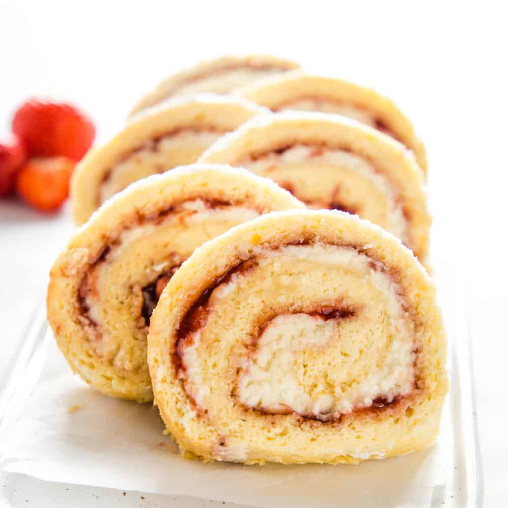 Swiss Roll Cake (Strawberry Vanilla Roll Cake) - The Busy Baker